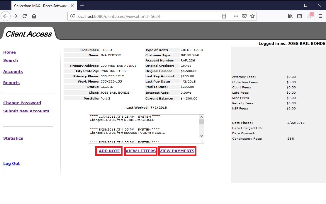 Debtor Account Screen | Collections MAX